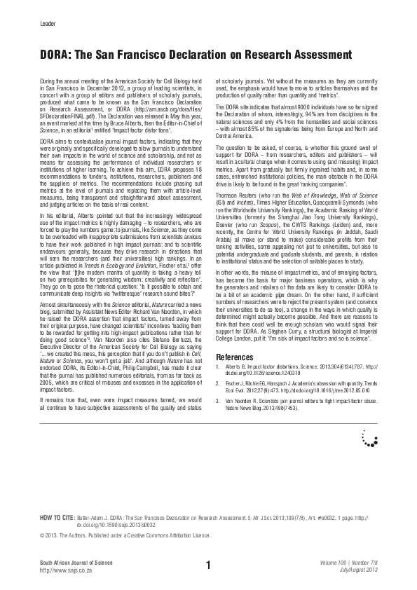 (PDF) DORA: The San Francisco Declaration on Research Assessment