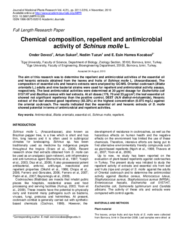 (PDF) Chemical composition, repellent and antimicrobial activity of Schinus molle L