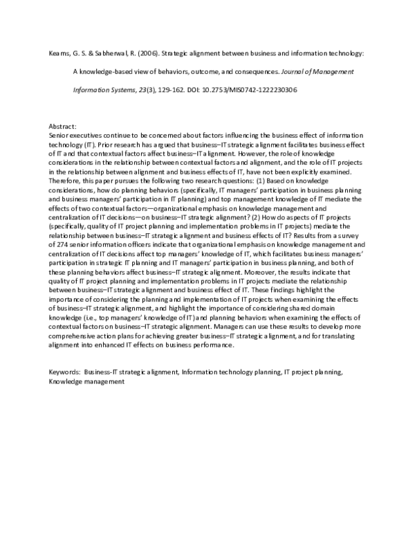 (PDF) Strategic Alignment Between Business and Information Technology ...