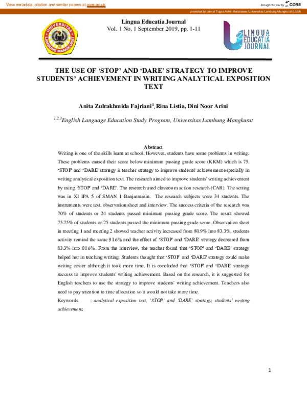 (PDF) The Use of ‘Stop’ and ‘Dare’ Strategy to Improve Students ...