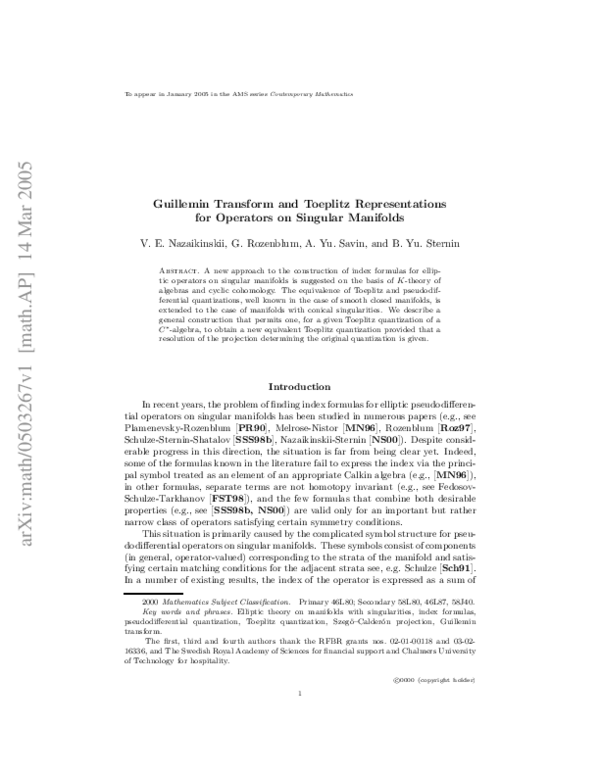Pdf Guillemin Transform And Toeplitz Representations For Operators On Singular Manifolds