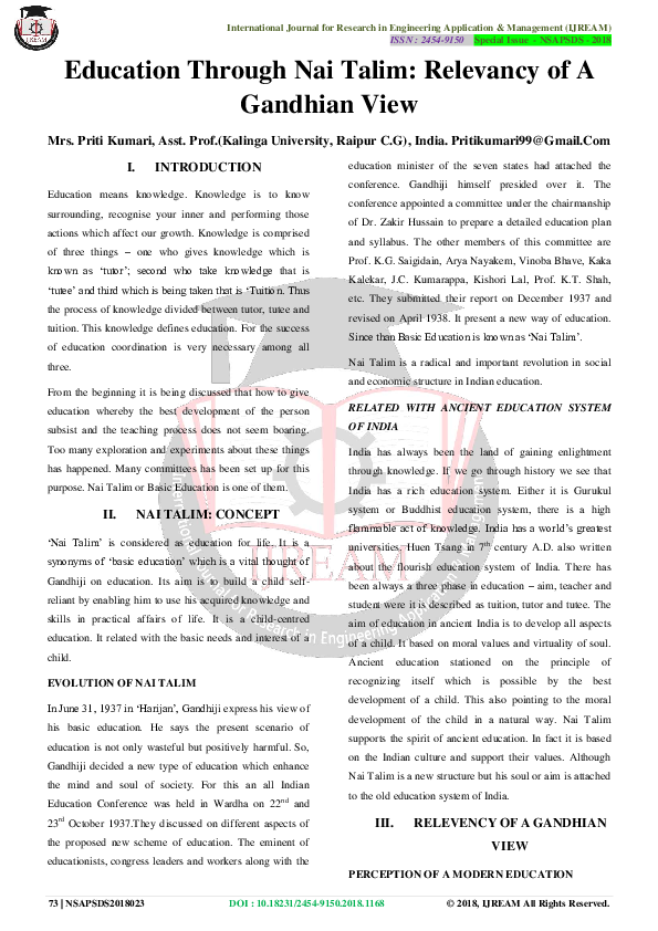 (PDF) Education Through Nai Talim: Relevancy of A Gandhian View