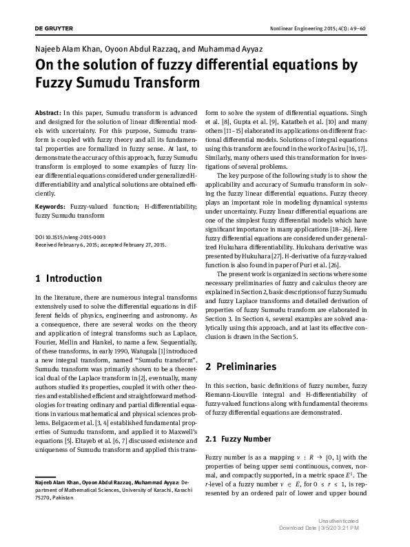(PDF) On the solution of fuzzy differential equations by Fuzzy Sumudu Transform