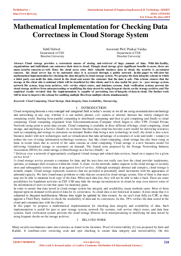 (PDF) Mathematical Implementation for Checking Data Correctness in Cloud Storage System
