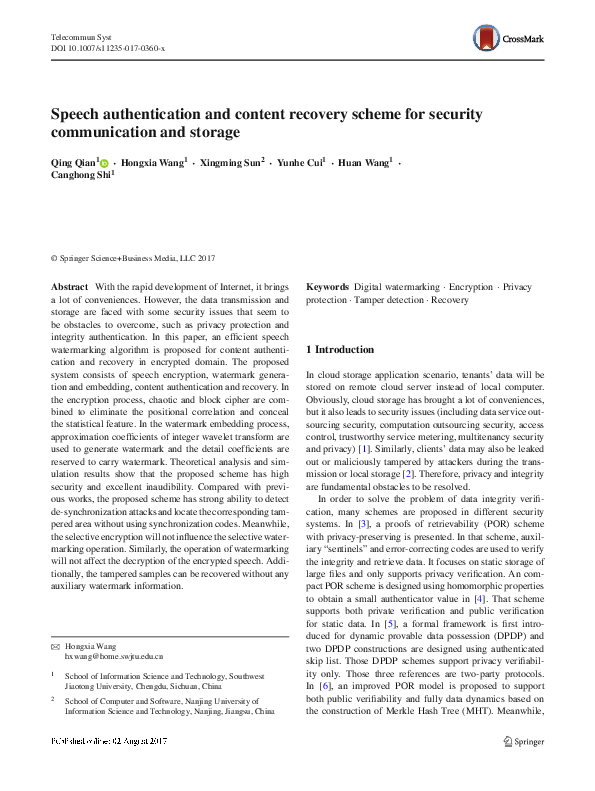 Pdf Speech Authentication And Content Recovery Scheme For Security Communication And Storage