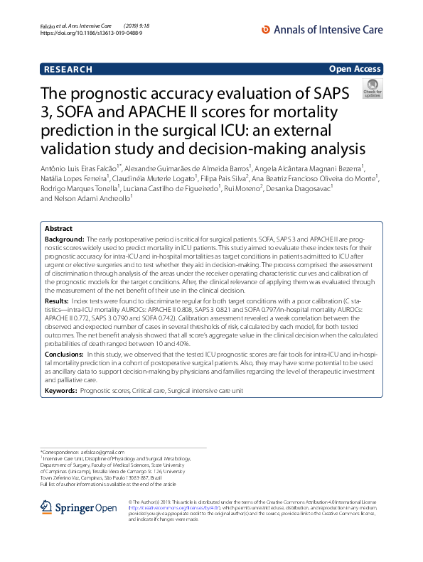 (PDF) The prognostic accuracy evaluation of SAPS 3, SOFA and APACHE II ...