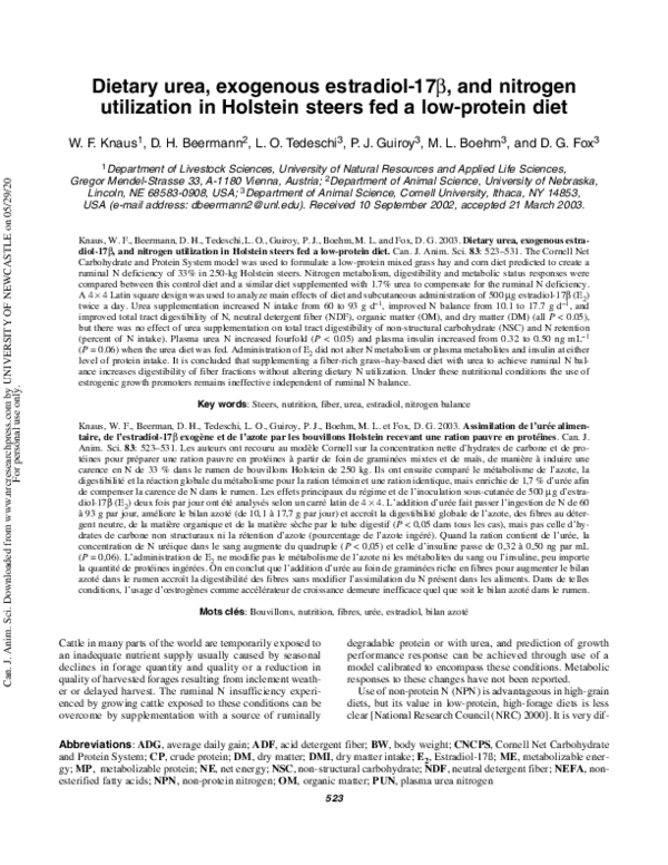 (PDF) Dietary urea, exogenous estradiol-17β, and nitrogen utilization in Holstein steers fed a ...