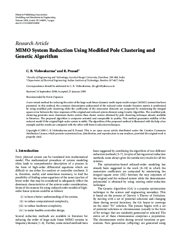 Pdf Mimo System Reduction Using Modified Pole Clustering And Genetic