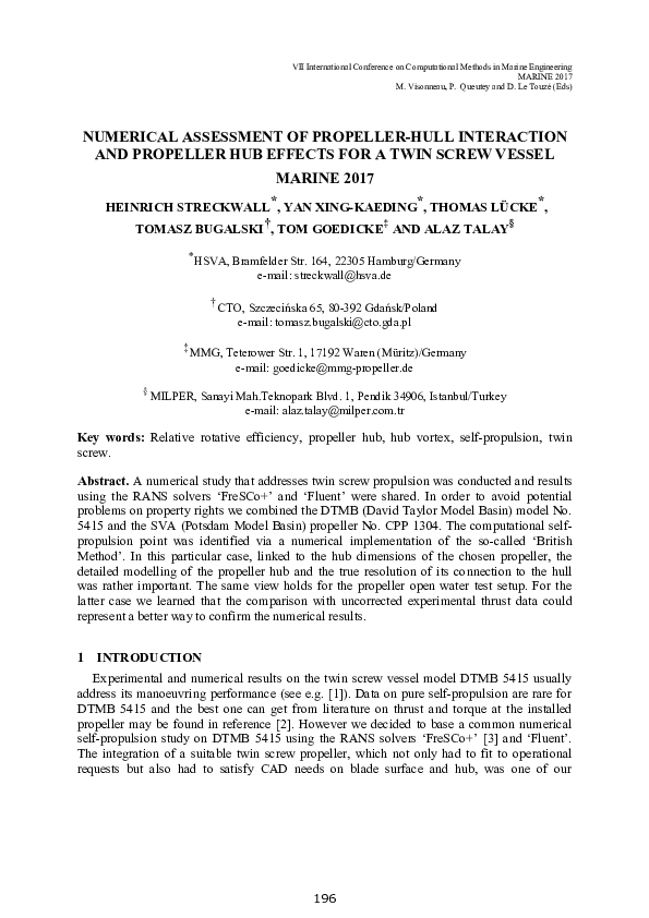 (PDF) Numerical Assessment of Propeller Hull Interaction and Propeller Hub Effects for a Twin ...