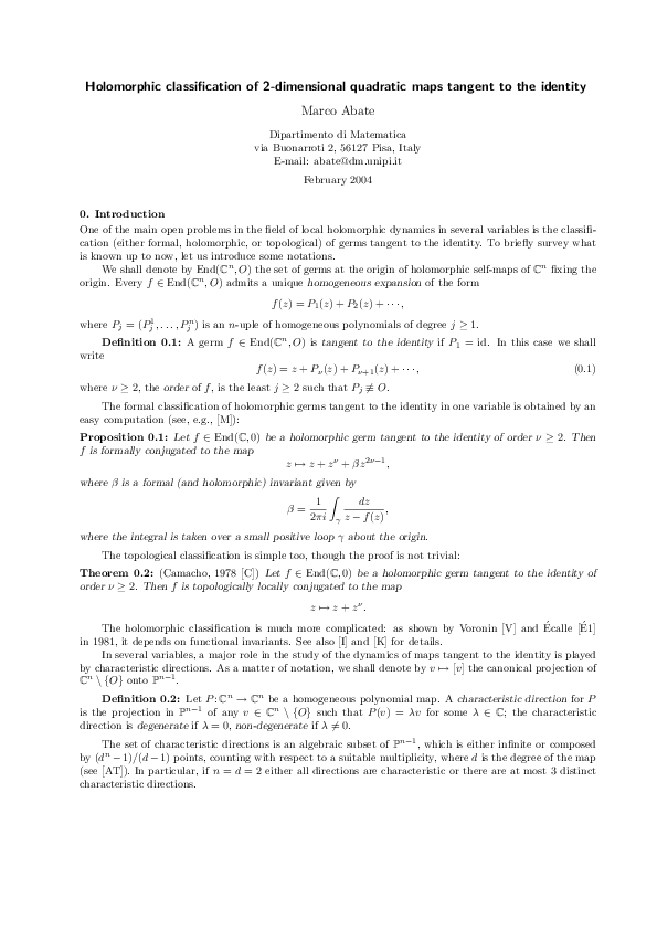 (PDF) Holomorphic classification of 2-dimensional quadratic maps tangent to the identity ...