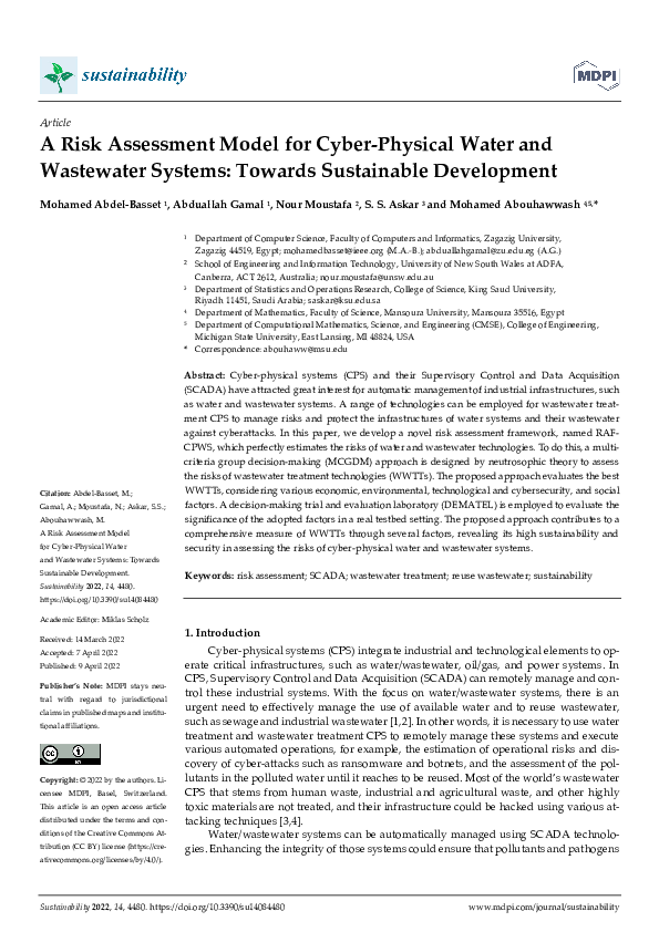 (PDF) A Risk Assessment Model for Cyber-Physical Water and Wastewater ...