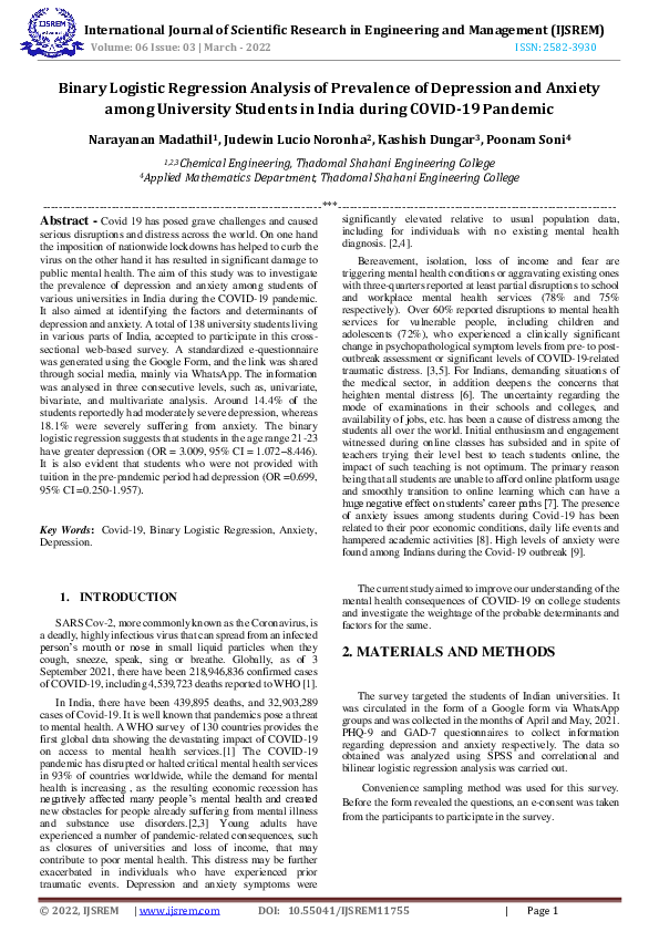 Pdf Binary Logistic Regression Analysis Of Prevalence Of Depression