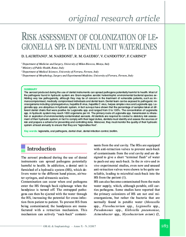 (PDF) Risk Assessment of Colonization of Legionella Spp. In Dental Unit ...