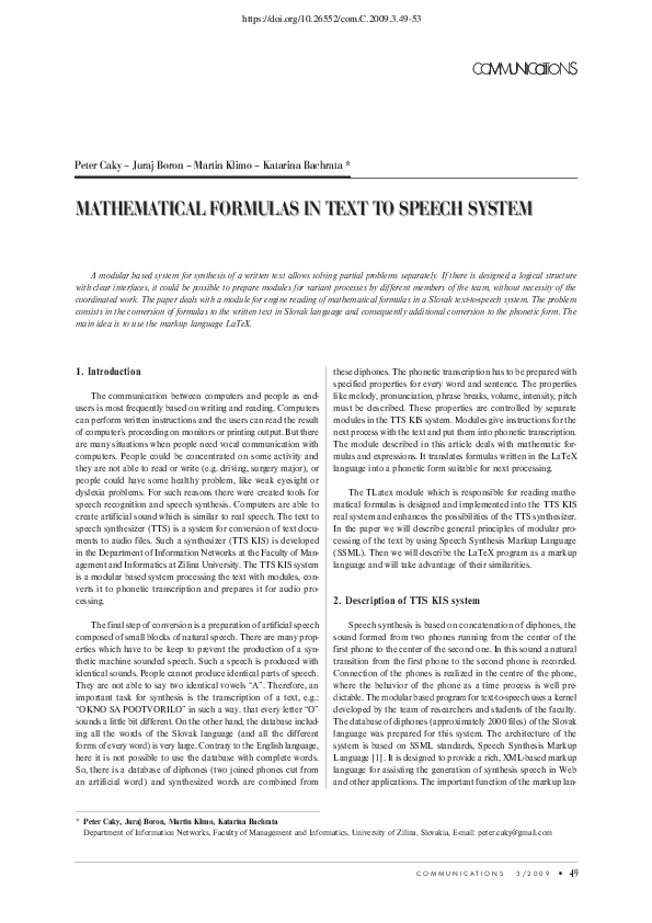 (PDF) Mathematical Formulas in Text to Speech System