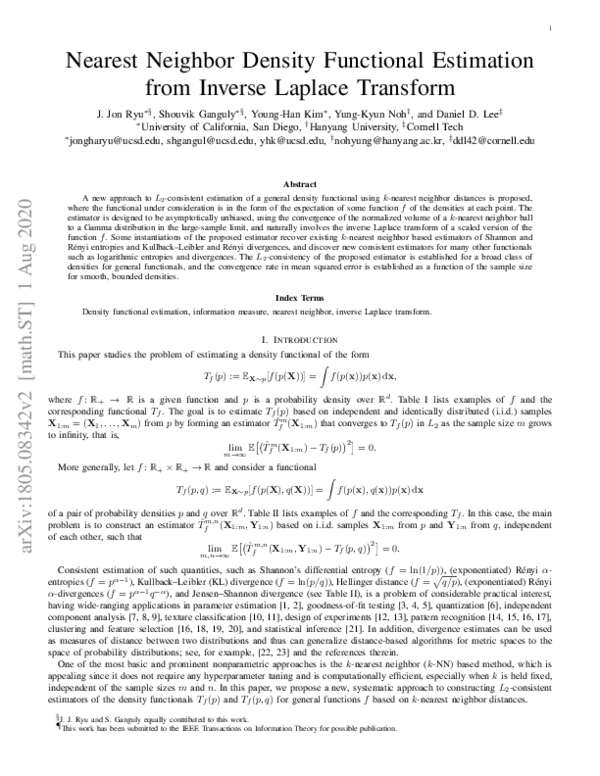 Pdf Nearest Neighbor Density Functional Estimation From Inverse Laplace Transform
