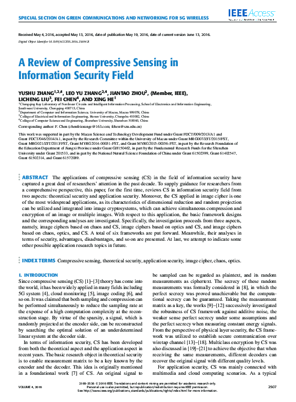 (PDF) A Review of Compressive Sensing in Information Security Field