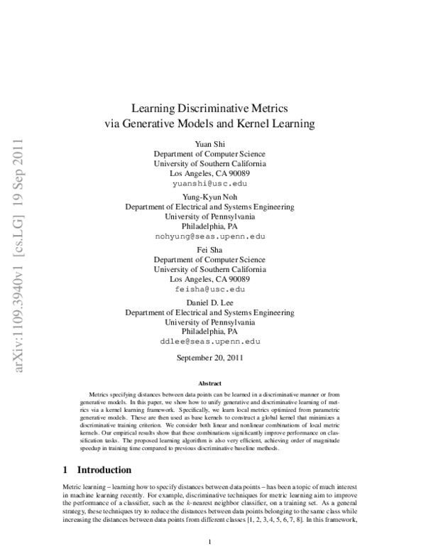 Pdf Learning Discriminative Metrics Via Generative Models And Kernel