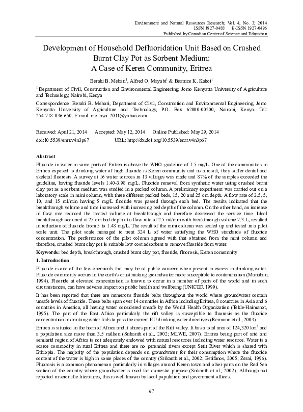 (PDF) Development of Household Defluoridation Unit Based on Crushed ...