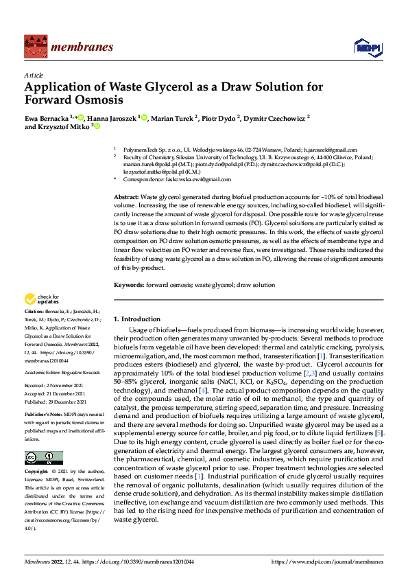 (PDF) Application of Waste Glycerol as a Draw Solution for Forward Osmosis