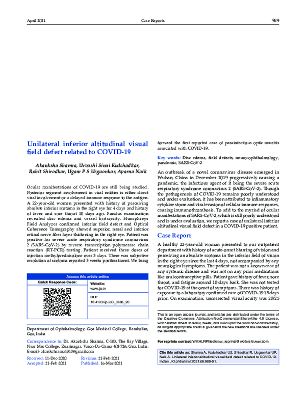 (PDF) COVID-19 and Unilateral Altitudinal Visual Defect