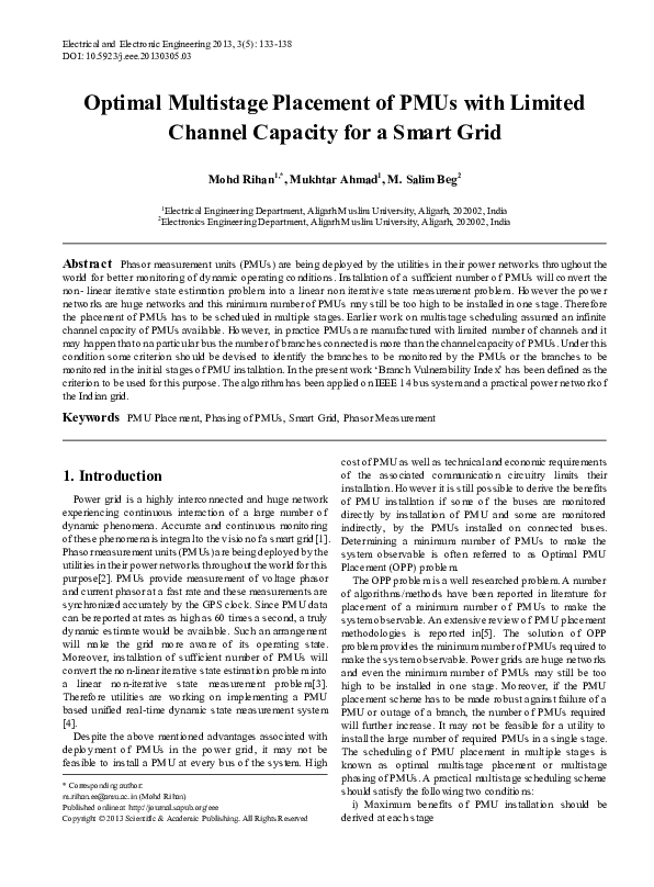 Pdf Optimal Placement Of Pmus For The Smart Grid Implementation In