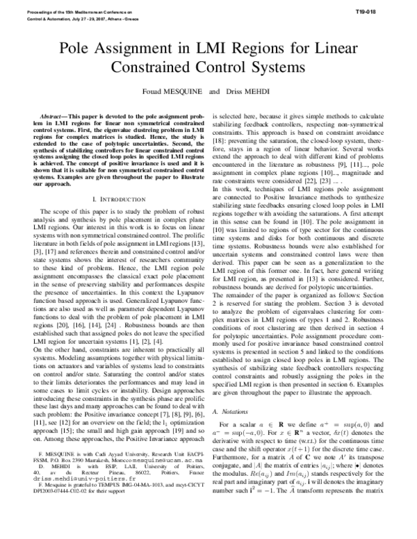 (PDF) Pole assignment in LMI regions for linear constrained control systems (PDF) Pole assignment in LMI regions for linear constrained control systems