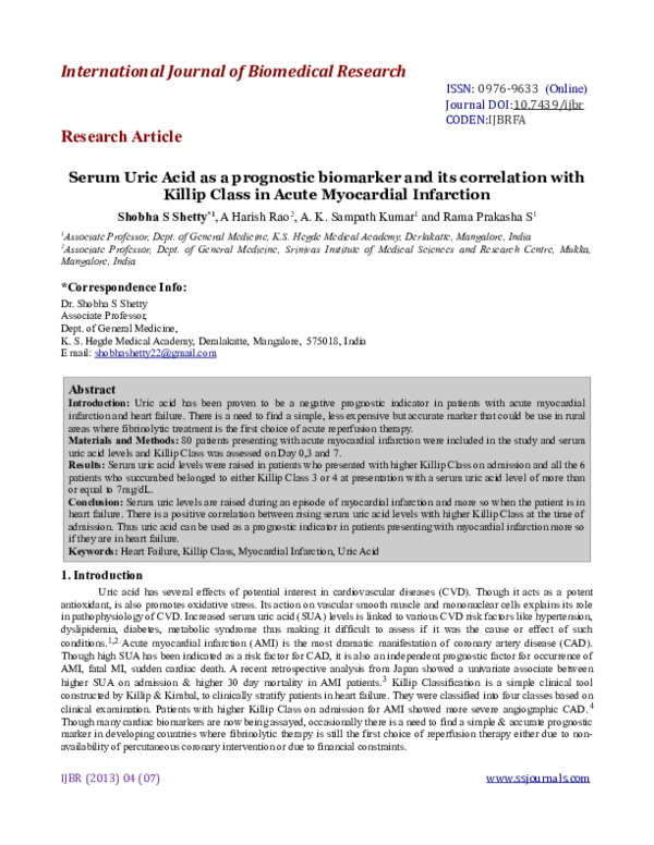 (PDF) Serum Uric Acid as a prognostic biomarker & its correlation with Killip Class in Acute ...