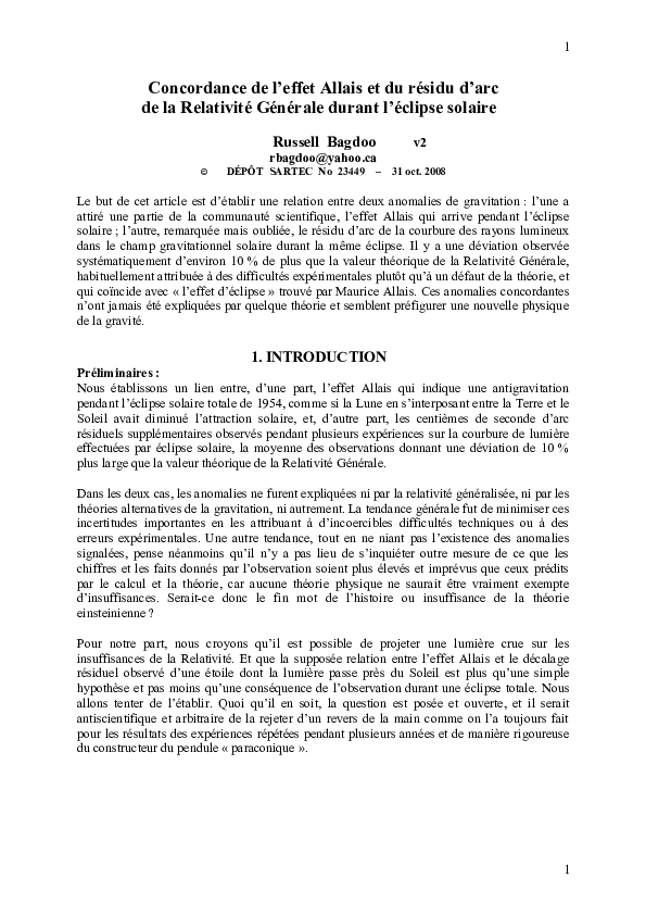 (PDF) Concordance de L Effet Allais et du Residu D Arc de la Relativite ...