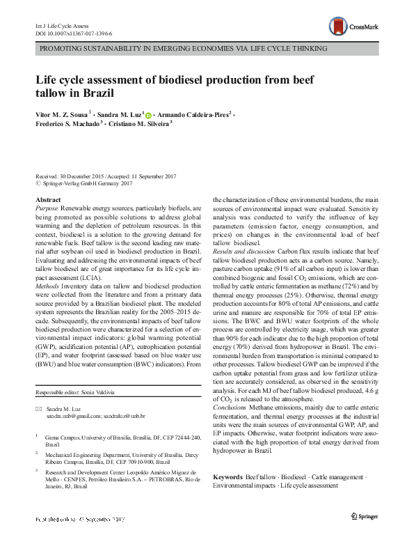 (PDF) Life cycle assessment of biodiesel production from beef tallow in ...
