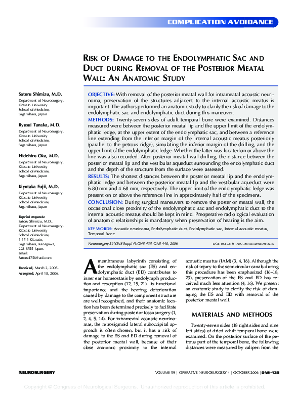 (PDF) Risk of Damage to the Endolymphatic Sac and Duct during Removal ...