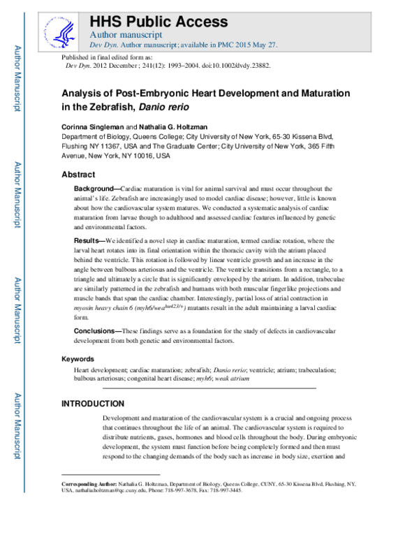 (PDF) Analysis of postembryonic heart development and maturation in the ...