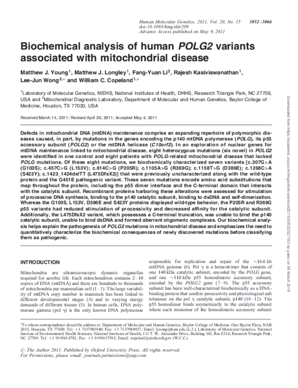 (PDF) Biochemical analysis of human POLG2 variants associated with ...