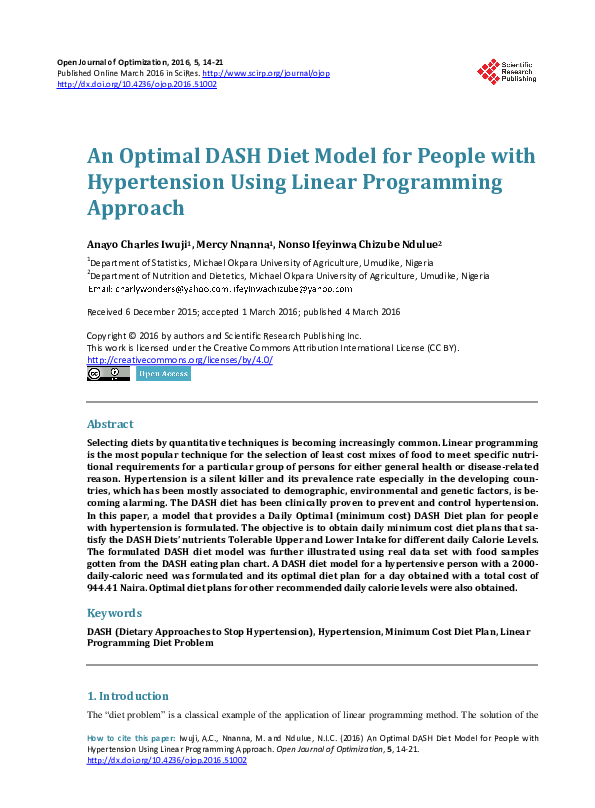 (PDF) An Optimal DASH Diet Model for People with Hypertension Using Linear Programming Approach