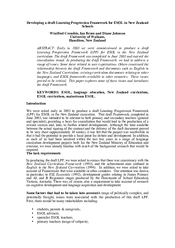 (PDF) Developing a draft learning progression framework for ESOL in New ...