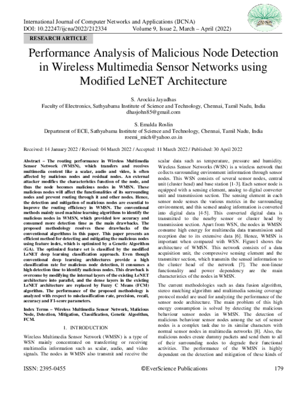 (PDF) Performance Analysis of Malicious Node Detection in Wireless Multimedia Sensor Networks ...