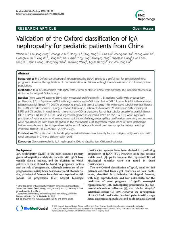 (PDF) Validation of the Oxford classification of IgA nephropathy for ...