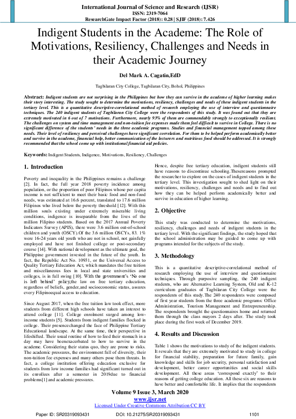 (PDF) Indigent Students in the Academe: The Role of Motivations ...