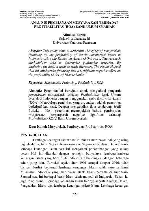 (PDF) Analisis Pembiayaan Musyarakah Terhadap Profitabilitas (Roa) Bank Umum Syariah | Alimatul ...
