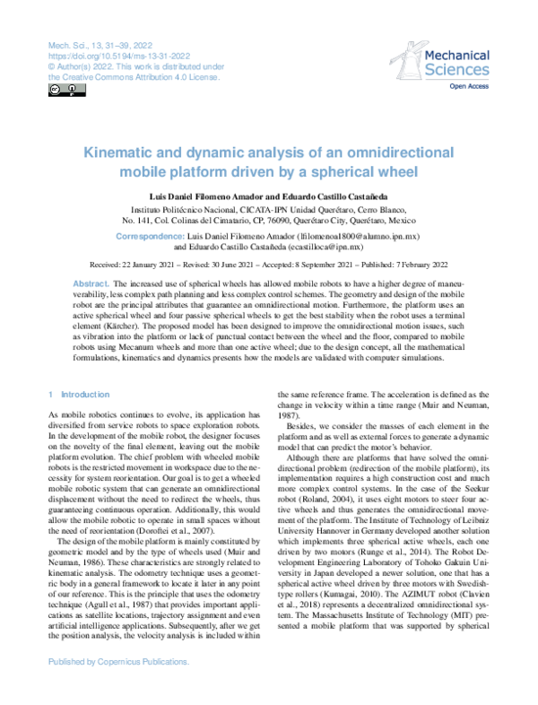 Pdf Kinematic And Dynamic Analysis Of An Omnidirectional Mobile Platform Driven By A Spherical