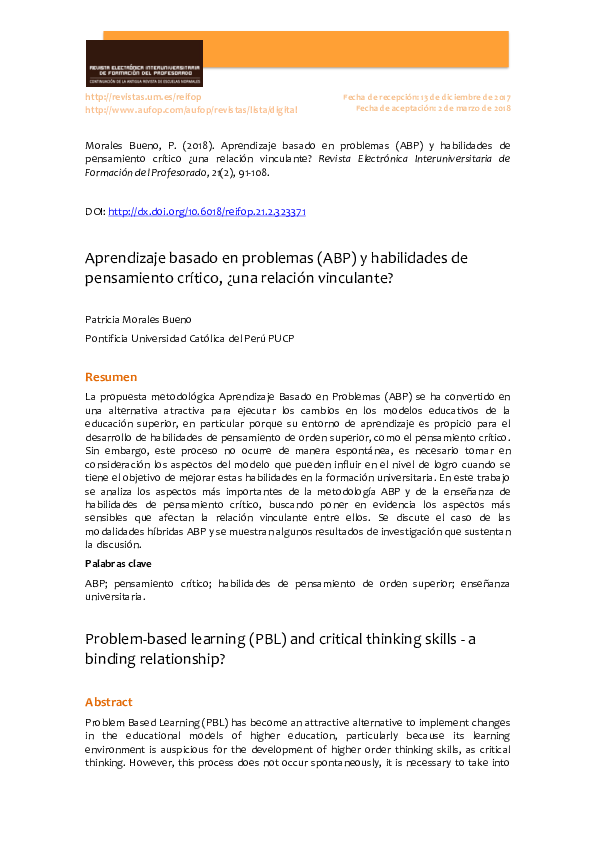 (PDF) Aprendizaje basado en problemas (ABP) y habilidades de pensamiento crítico ¿una relación ...