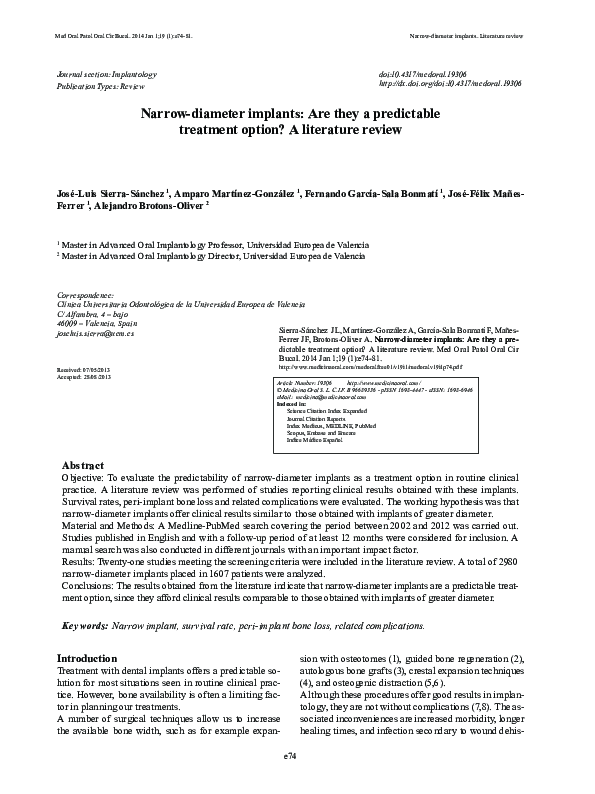(PDF) Narrow-diameter implants: Are they a predictable treatment option ...
