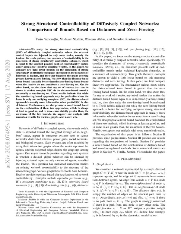 (PDF) Strong Structural Controllability of Diffusively Coupled Networks: Comparison of Bounds ...