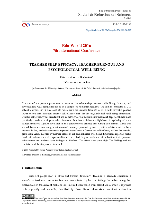 (PDF) Teacher Self-Efficacy, Teacher Burnout And Psychological Well-Being