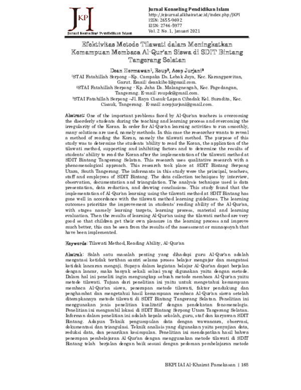 (PDF) EFEKTIVITAS METODE TILAWATI DALAM PENINGKATAN KEMAMPUAN MEMBACA Al-QUR'AN SISWA SDIT ...