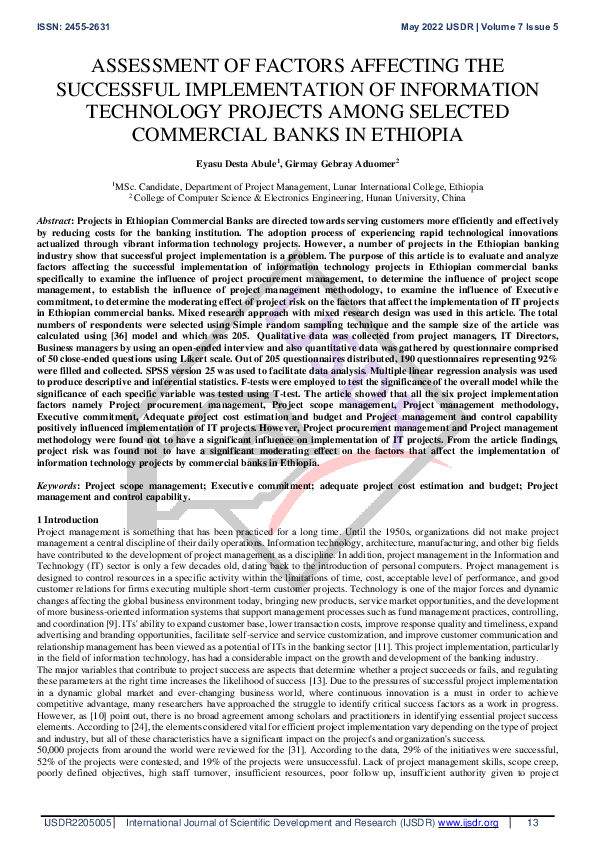 Pdf Assessment Of Factors Affecting The Successful Implementation Of Information Technology