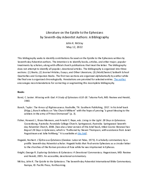 (PDF) Literature on the Epistle to the Ephesians by Seventh-day ...