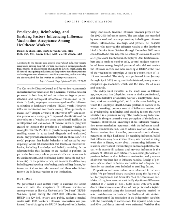 Pdf Predisposing Reinforcing And Enabling Factors Influencing Influenza Vaccination