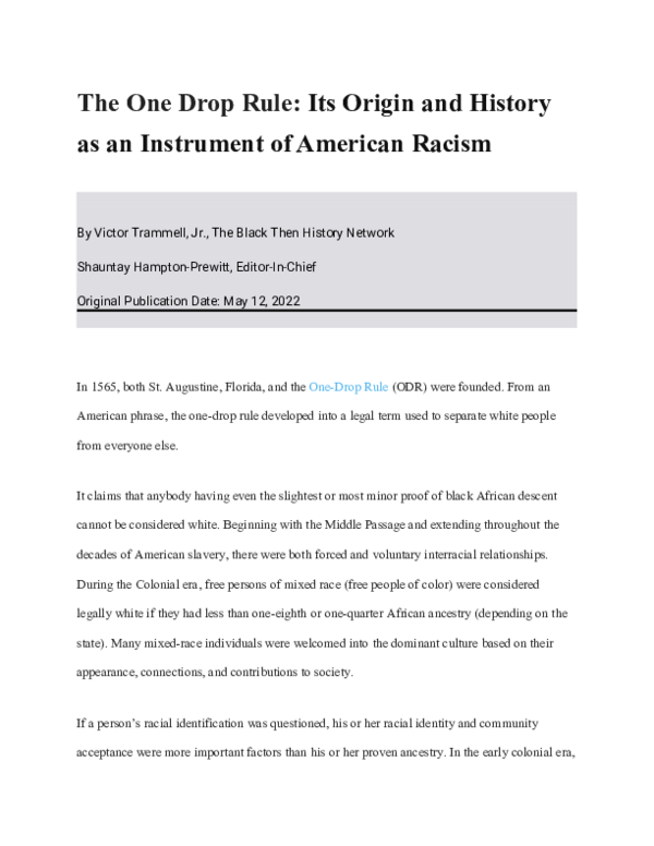 (DOC) The One Drop Rule: Its Origin and History as an Instrument of ...