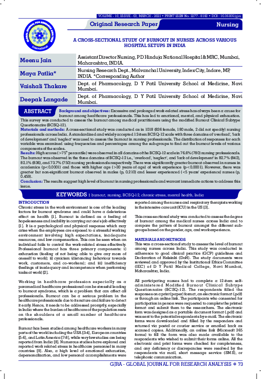 (PDF) A CROSS-SECTIONAL STUDY OF BURNOUT IN NURSES ACROSS VARIOUS ...