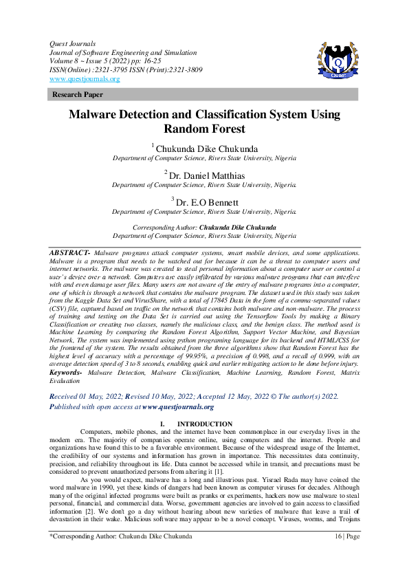 Pdf Malware Detection And Classification System Using Random Forest